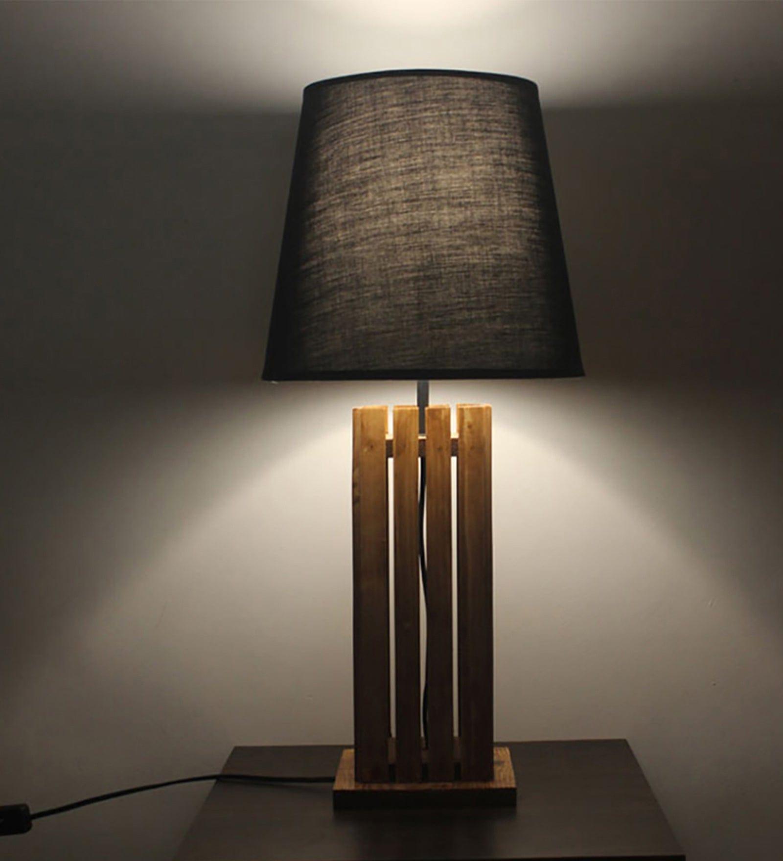 Elegant Brown Wooden Table Lamp with Black Fabric Lampshade