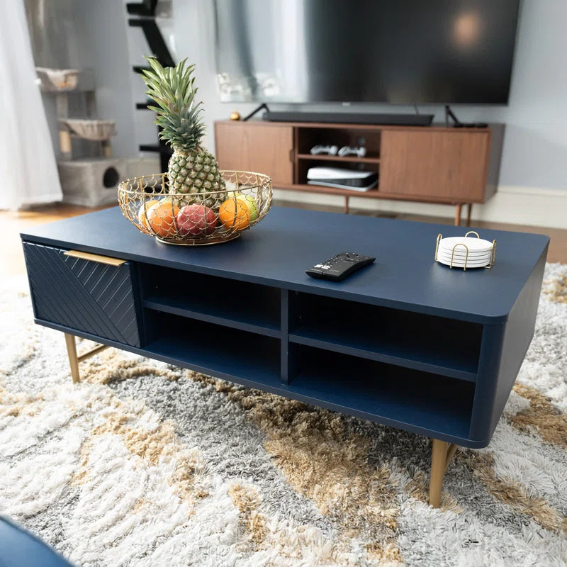Modern Coffee Table With Storage - Dark Blue Matte Finish With Gold-Ti