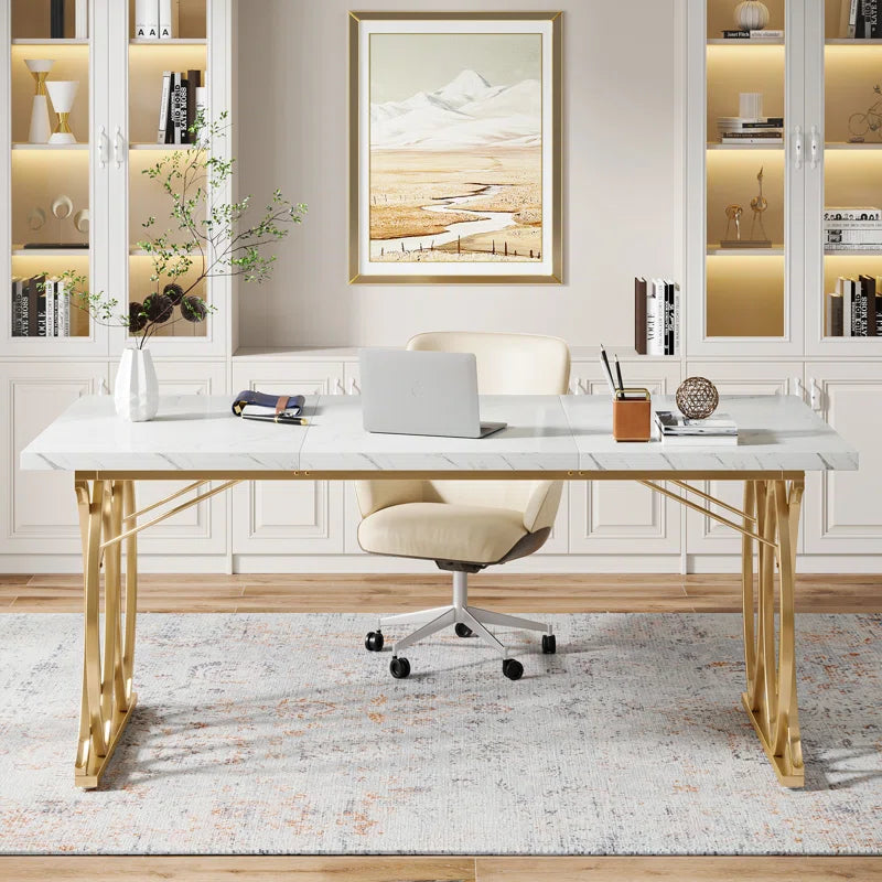 white marble effect desk
