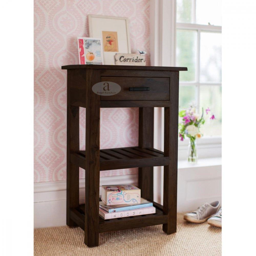 Tallboy Corner table with drawer in walnut finish