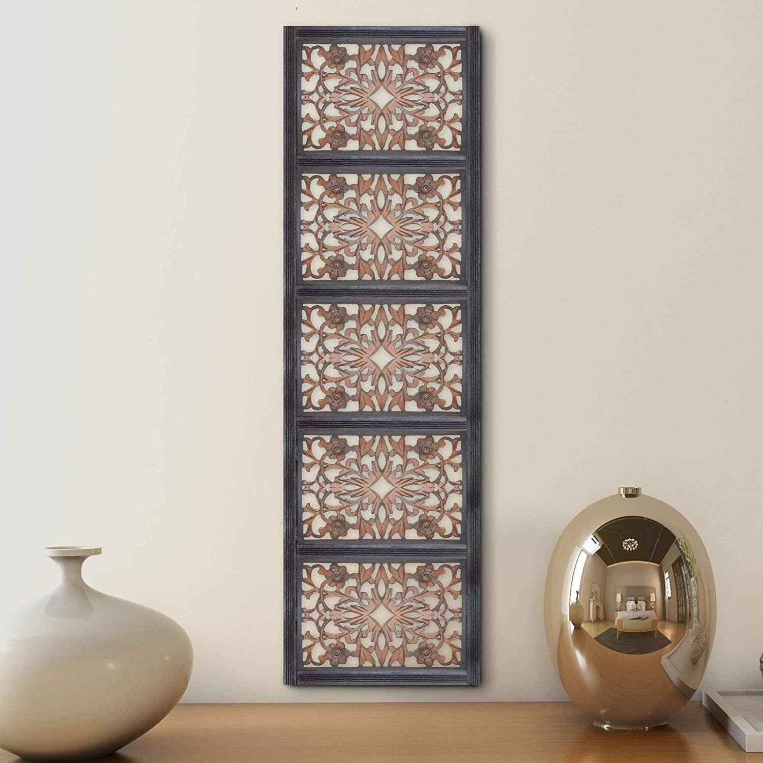 Rectangular Wall Panel with Intricate Floral Carvings, Rectangle, Blac